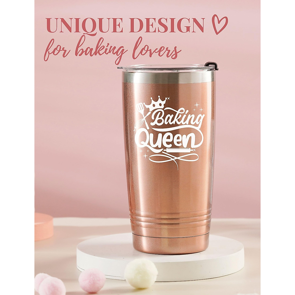Onebttl Baking Gifts for Women, Insulated Stainless Steel Wine Tumbler with Lid, For Baking Queen on Birthday, Christmas, Rose Gold, (20 oz)