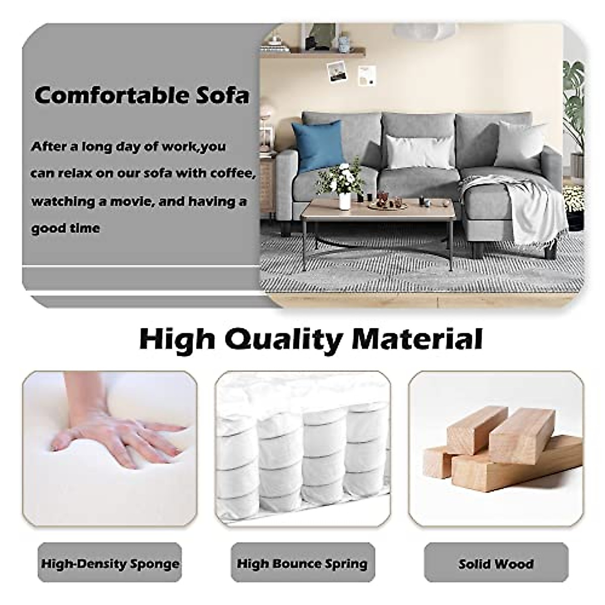 YESHOMY Convertible Sectional 3 L-Shaped Couch Soft Seat with Modern Linen Fabric, Small Space Sofas for Living Room, Apartment and Office, 70'', Gray