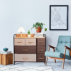 CONNOO Fabic 7 Drawer Dresser Storage Tower, Large Capacity Vertical Organizer Unit for Bedroom, Hallway, Entryway, Closet, Nursery, Sturdy Steel Frame, Wooden Top & Handle, Easy Pull Fabric Bins