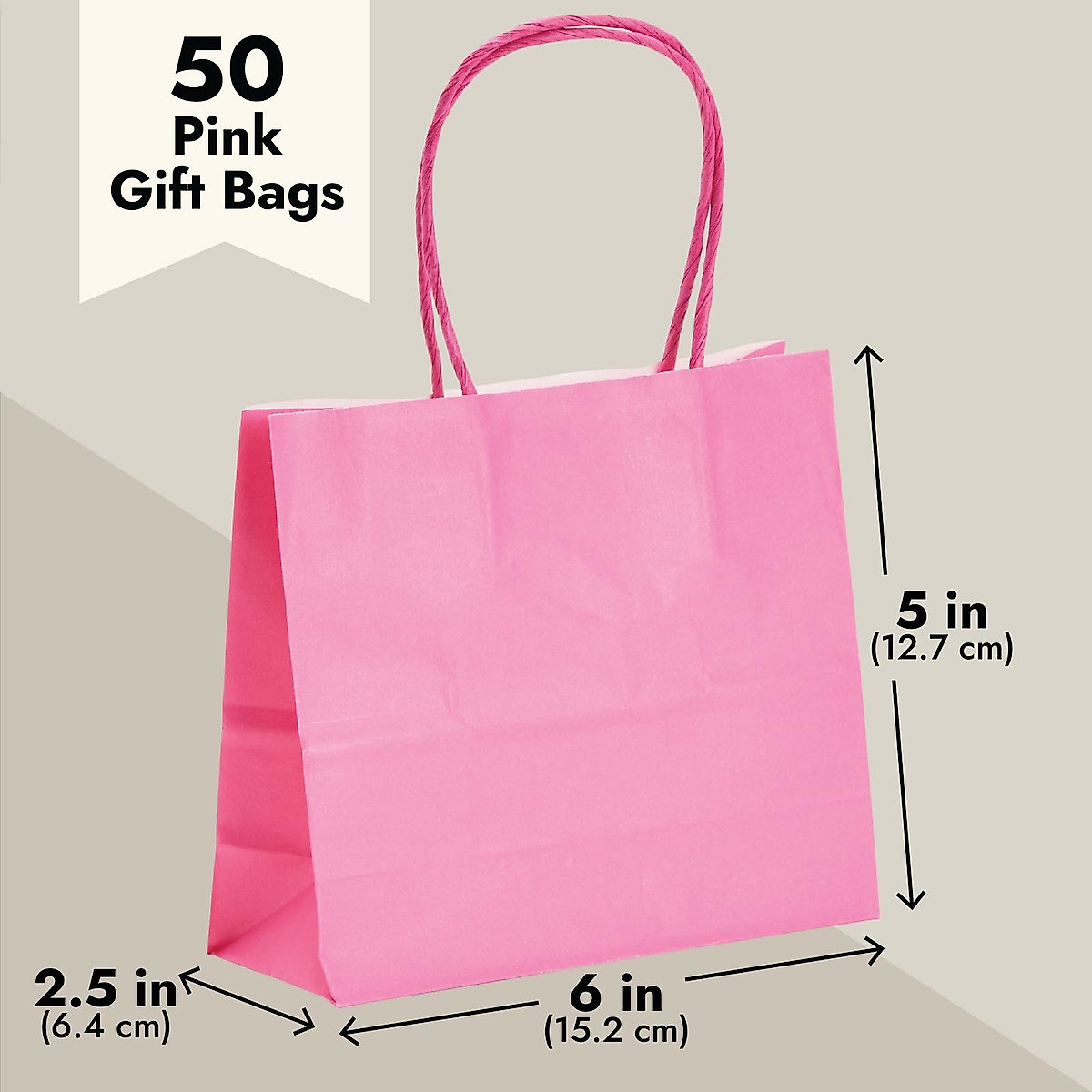 Sparkle and Bash 50 Pack Mini Pink Gift Bags with Handles, Bulk Kraft Party Favor Bags (6 x 5 x 2.5 In)