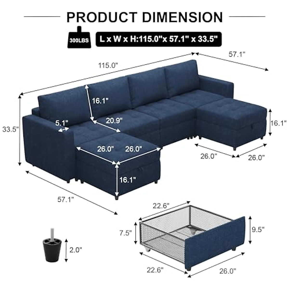 Belffin Fabric Modular Convertible Sectional Sofa U Shape Pull Out Couch with Ottomans 6 Piece Sofa Sectional Set Sleeper Couch with Double Reversible Chaises and Storage for Living Room Blue