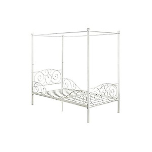 DHP Metal Canopy Kids Platform Bed with Four Poster Design, Scrollwork Headboard and Footboard, Underbed Storage Space, No Box Sring Needed, Twin, White
