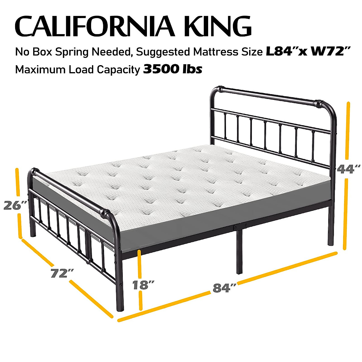 BOSRII California King Bed Frame with Headboard and Footboard, 18 Inches High, 3500 Pounds Heavy Duty Metal Slats Support for Mattress, No Box Spring Needed,Noise-Free, Black