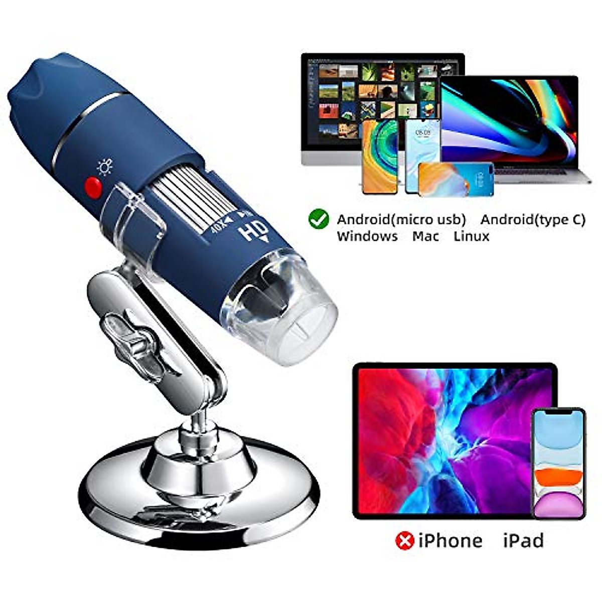 Bysameyee HD 2MP 2K USB Microscope, 40X to 1000X Magnification Digital Microscope Camera Inspection Endoscope with Carrying Case, Compatible with Windows 7 8 10, Mac, Linux, OTG Android Phones