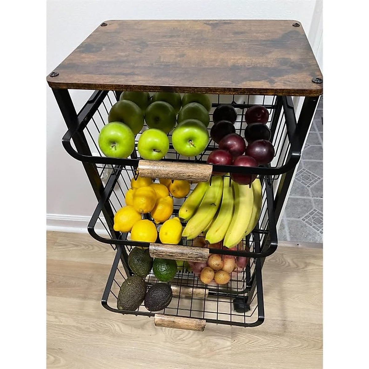 DELORM 5 Tier Vegetable Fruit Kitchen Storage Basket Cart Rack with Universal Wheel Metal Wire Basket Shelf Rolling Storage Cart, Rustic Farmhouse