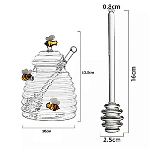 Mersuii 300 ML Honey Dish Honey Jar with Dipper and Lid Large Glass Jar Honey Pot Wooden Honey Dippers Glass Honey Dispenser Containers for Store Honey Syrup Jam Jelly Home Kitchen