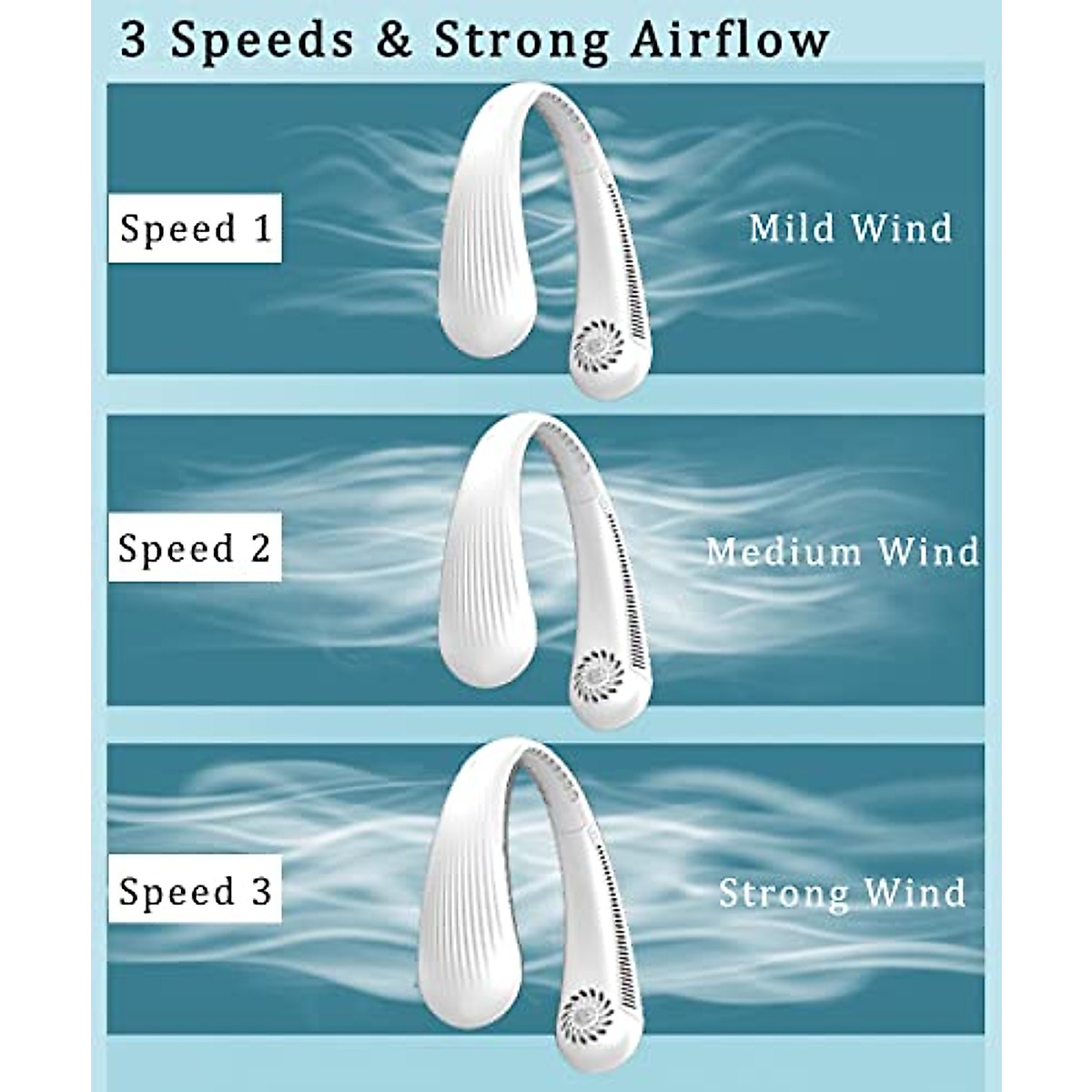 Aeergured Portable Neck Fan 2 Pack, Hands Free Personal Bladeless Fan with 3 Speeds, Adjustable USB Neckband Fans Battery Operated Wearable Fan, 360° Cooling Rechargeable Hanging Neck Fan