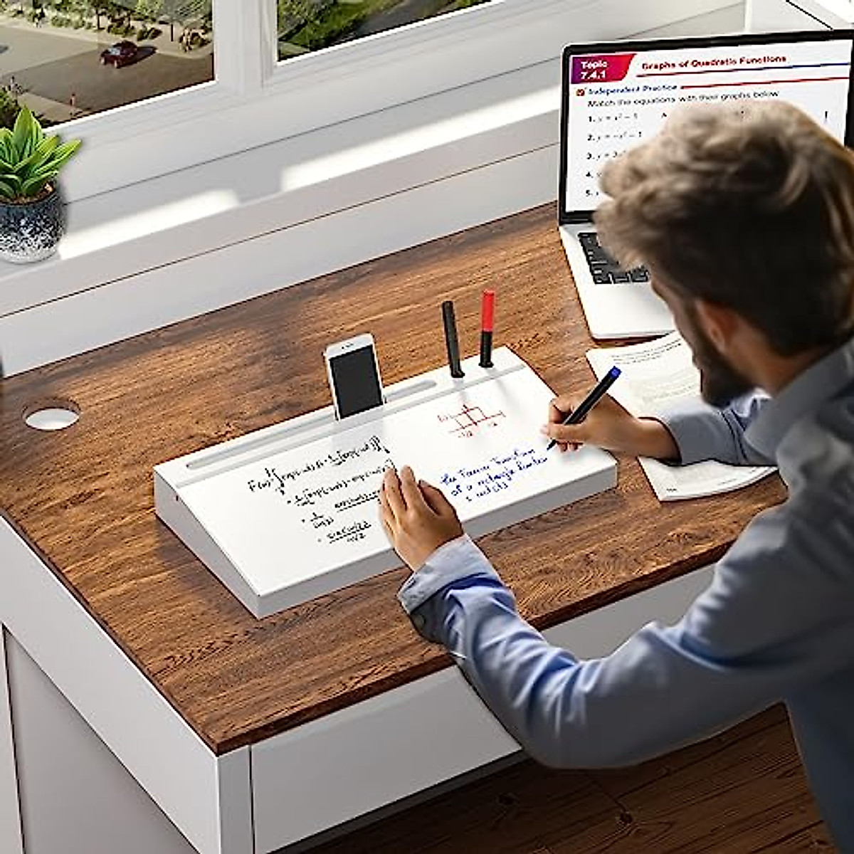 HIIMIEI Desktop Glass Whiteboard Dry-Erase-Board - Computer Keyboard Stand White Board Surface Pad with Drawer, Desk Organizers with Accessories for Office, Home, School Supplies (White