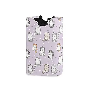 Qilmy Purple Cat Laundry Basket Collapsible Large Clothes Hamper Nursery Storage Bin with Handle for Bedroom, Bathroom, Dorm, Kids Room