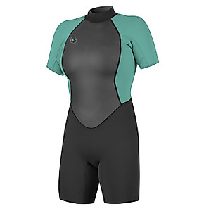 O'Neill Women's Reactor-2 2mm Back Zip Short Sleeve Spring Wetsuit, Black/Light Aqua, 14