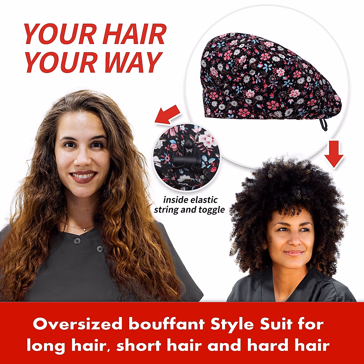 ABAMERICA Bouffant Caps with Button and Sweatband, Adjustable Scrub Caps for Women Men, Satin Layer