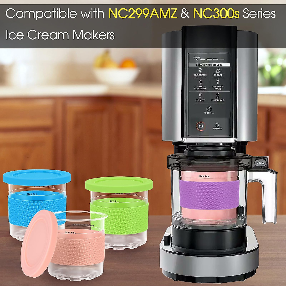 CINPIUK Ice Cream Pints, 4 Pack Containers with Silicone Lids & Covers Replacements for Ninja Creami Pints, Compatible with NC301 NC300 NC299AMZ Series Ice Cream Maker, Dishwasher Safe Containers