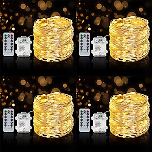 BXROIU 4 x Fairy Lights Battery Operated 8 Lighting Modes,50LEDs,16.4Ft/5 Meters Silver Wire String Lights,Timer Function,and Remote Control.for Christmas,Party,Wedding,Decorative Lighting(Warm White)