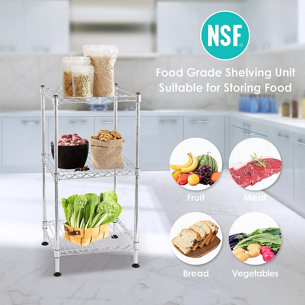 ANTSKU 3-Tier Adjustable Shelving Unit, Metal Wire Rack with Leveling Feet, Standing Storage Shelf for Laundry, Bathroom, Kitchen, Pantry, Closet (12" D x 12" W x 23.5" H, Chrome)