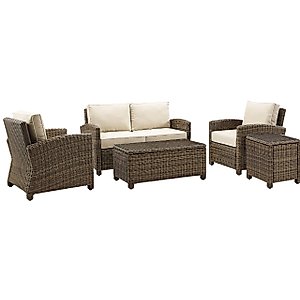 Crosley Furniture Bradenton 5-Piece Outdoor Loveseat Patio Furniture Set, Wicker Conversation Sets for Porch, Brown with Sand Cushions