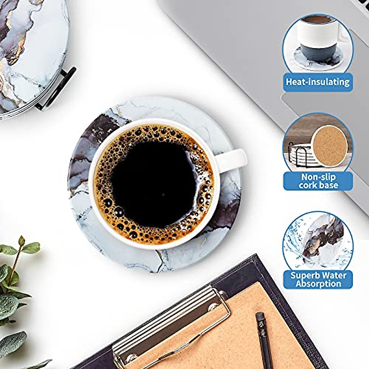 Coasters with Holder, Absorbent Coasters by DSNDVES, Set of 6 Ceramic Coasters, Marble Style Drink Coasters with Cork Base, Bar Coasters, Round Stone Coasters for Table Protection Black