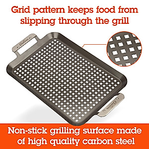 Camerons BBQ Grill Topper Grilling Pans (Set of 2 - Non-Stick Barbecue Trays w Stainless Steel Handles - Indoor Outdoor use for Barbecue & Smoked Meat, Vegetables & Seafood - Grill Accessory Gift Pack