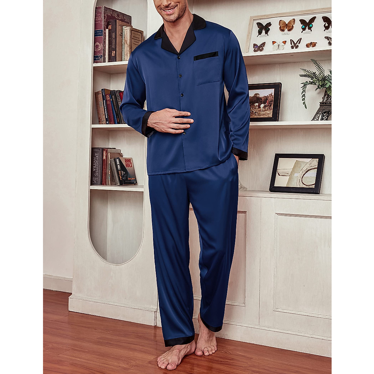 Ekouaer Men's Silk Pajama Set Long Satin Loungewear 2 Piece Pjs Classic Button Down Sleepwear Navy Blue