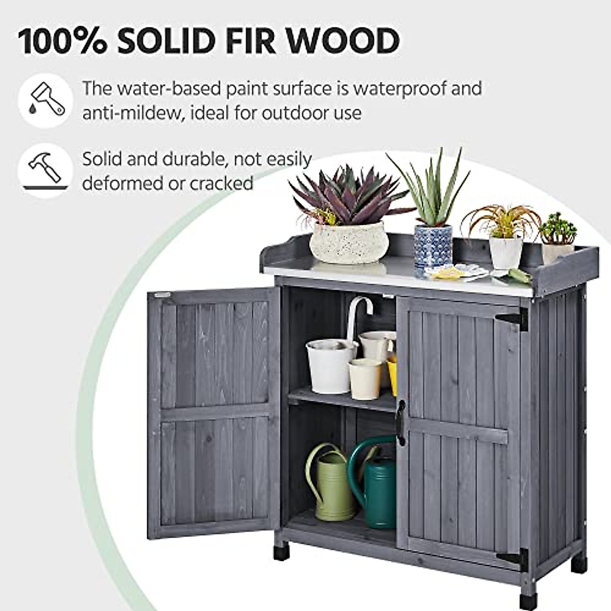 Yaheetech Garden Potting Bench Table - Outdoor Garden Patio Wooden Storage Cabinet & Solid Wood Planting Work Bench with Large Space Storage & Metal-Plated Tabletop, Gray