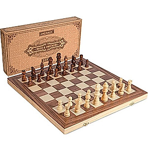 AMEROUS 15'' Wooden Chess & Checkers Set, 2 in 1 Board Games -2 Extra Queens -24 Cherkers Pieces - Gift Box Packed - Chessmen Storage Slots, Beginner Chess Set for Kids and Adults