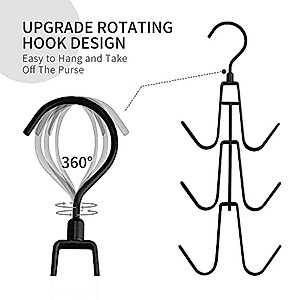 PODATOL Purse Hanger for Closet, Rotatable Purses Organizer, 6 Storage Capacity Hanging Bag Holder, Closet Rod Hooks for Hanging Bags, Purses, Handbags, Belts, Scarves, Hats(Black)