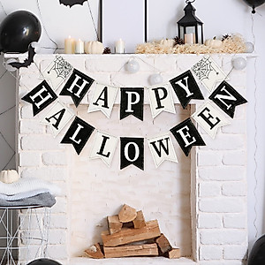 Whaline 2Pcs Happy Halloween Burlap Banner White Black Halloween Party Banner Holiday Hanging Bunting Garland Sign for Halloween Party Supplies Fireplace Wall Porch Decors Photo Prop