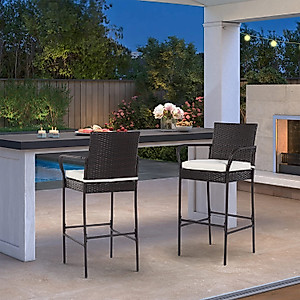PayLessHere 30" Patio Bar Stools Set of 2 Wicker Outdoor Bar Chairs Rattan Chairs All-Weather Patio Furniture with Footrest Armrest and Khaki Cushion for Garden Pool Lawn Backyard, Brown