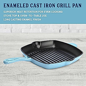 Country Living Enameled Cast Iron Square Griddle Grill Pan with Ridges, Helper Handle and Pouring Spouts for Easy Draining, Indoor Grilling Skillet, 11-Inch, Blue
