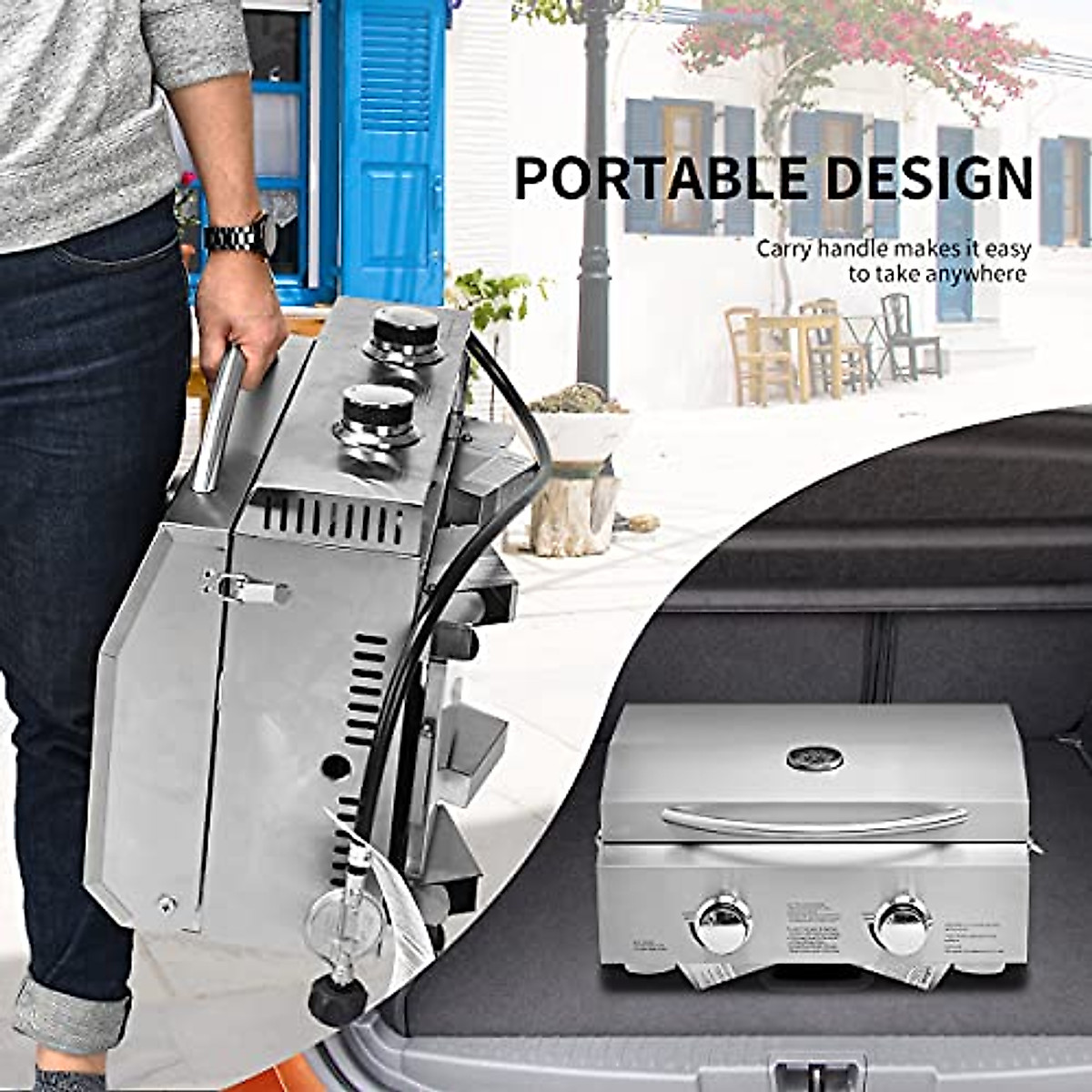 Happygrill Portable Gas Grill Stainless Steel Propane Grill Two-Burner Outdoor BBQ Grill with Foldable Leg for Camping Picnics, 20,000 BTU