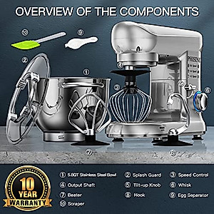 PHISINIC Stand Mixer, 5.8-QT 660W Electric Kitchen Mixer, 6-Speed Tilt-Head Household Stand Mixer, Kitchen Food Mixer with Dough Hook, Wire Whip and Beater, for Baking, Cake, Cookie, Kneading (Silver)