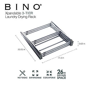 BINO 3-Tier Collapsible Drying Racks | Silver | Laundry Foldable Rack | Air Drying & Hanging | Foldable Portable Indoor & Outdoor | Space Saving Clothes Dryer Stand