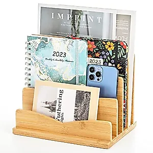 TOPZEA Mail Organizer Countertop, Bamboo Desk File Organizer Desktop File Holder 4 Slots Vertical Mail Sorter Holder file Rack Stand Letter Sorter Wood Desk Organizer for Envelope Document File Folder