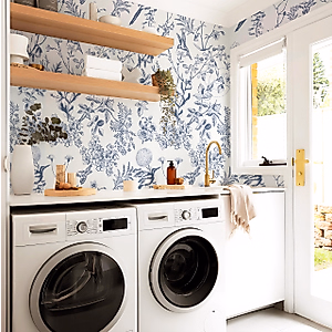 Safiyya Peel and Stick Wallpaper Floral Birds Contact Paper Blue and White Wallpaper Peel and Stick Modern Wallpaper Boho Wallpaper Removable Self Adhesive Wallpaper Vinyl Rolls 118"x17.3"