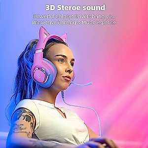 Mytrix Cat Ear Gaming Headset Compatible with PS4, PS5, Xbox, PC, MAC, Switch, Gradient Pink Blue Wired Gaming Headphones with 360° Rotation Microphone, Surround Sound, Soft Earmuff, RGB Light Effect