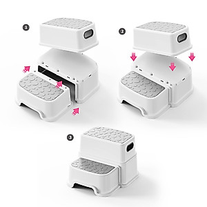 UNCLE WU 2 Step Stool for Kids -Toddler Step Stool Hepler for Bathroom Sink-Dual Height 9.5" Non-Slip for Potty Training, Kitchen, Bedroom & Classroom (Gray White)