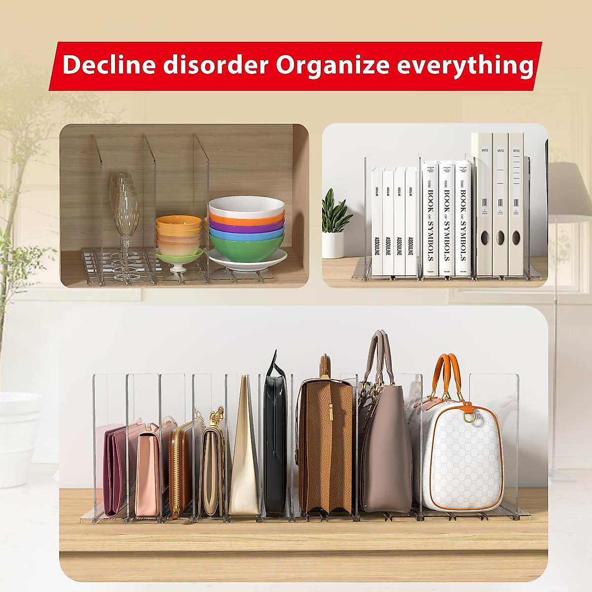 OKBHTS Purse Organizer for Closet with 10 Dividers, Adjustable Acrylic Clear Shelf Dividers for Purse, Pocketbook, Wallet, Handbags, Books (2 Base Boards + 10 Shelf Dividers)