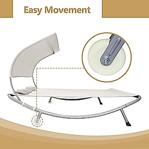 QZEN Double Chaise Lounge Bed Outdoor with Canopy, Headrest Pillow and Wheels, Protable Outdoor Lounge Chair for Pool, Beach, Backyard, Lawn, Garden, (Beiqe)