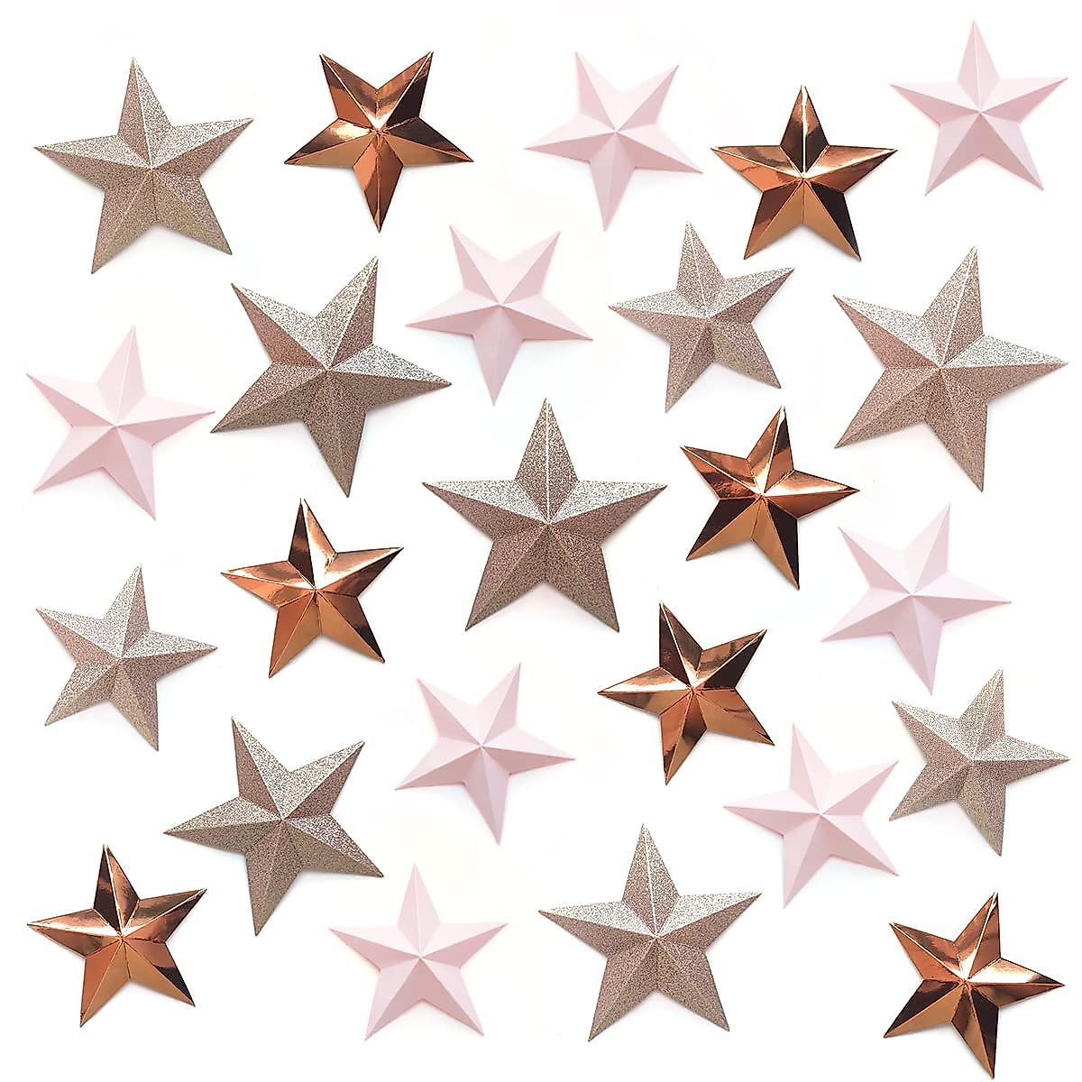Tenshun 24pcs Reusable Paper Star Wall Decor, Rose Gold, Metallic, Baby Pink for Nursery, Bedroom Decor