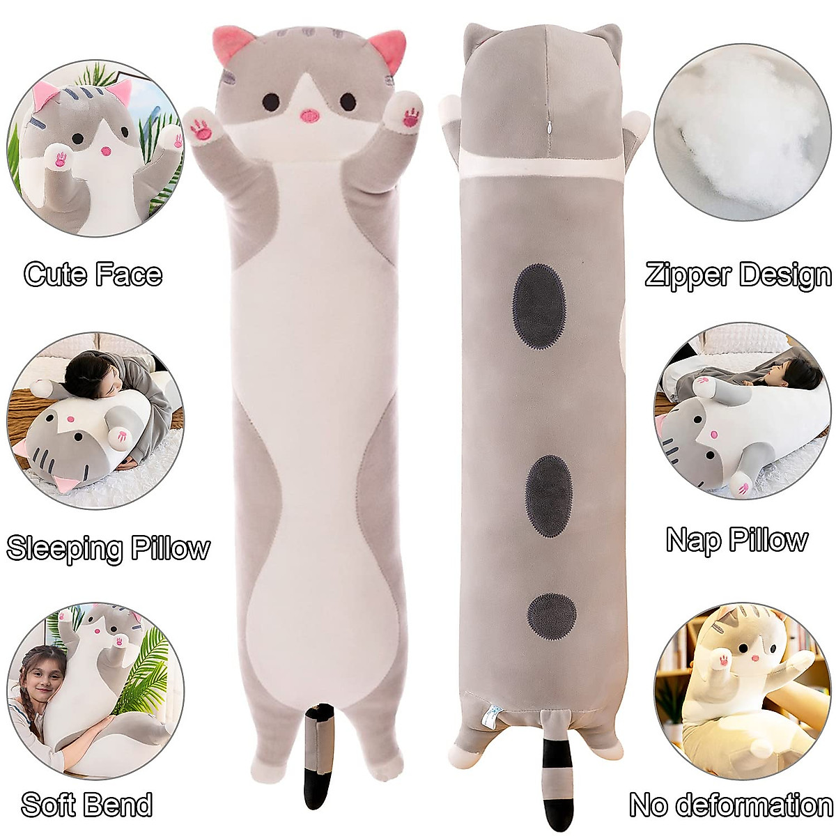 Giant Cat Pillow Plush Cartoon Kitty Sleeping Hugging Pillow, Cuddly Soft Long Kitten Body Pillow Doll Cat Cushion Toy for Kids Girlfriend (Gray, 70cm/27.55inch)