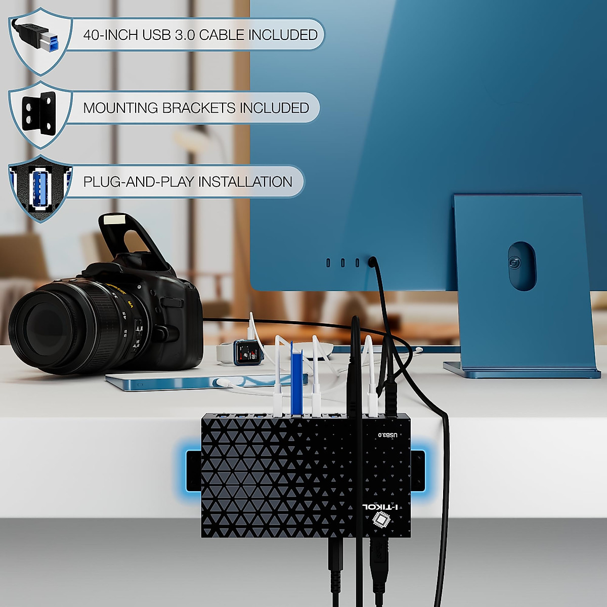 10 Ports USB Hub 3.0 Powered Aluminium - USB Hub Charger - Multiple Port - USB Splitter Hub with Power Adapter 12V/5A/60W - for Laptop, PC,Flash Drives, HDD,Hard Drive,Mouse,XPS,Xbox,Keyboard