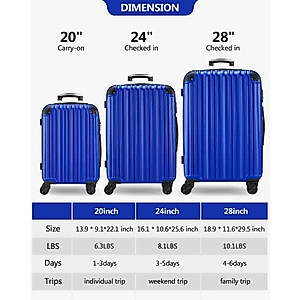 SunnyTour Expandable Luggage Sets with Double Spinner Wheels, 3 Piece Hard Suitcase Set for Short Trips and Long Travel, Blue