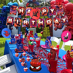Miles Morales Party Supplies Spider Birthday Decorations for Boys Include Happy Birthday Bannner, 18 Latex Balloons, 1 Cake Topper and 12 Cupcake Toppers for Across Spider Party Decorations