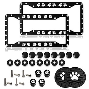 Paw Print License Plate Frame - 2 Pcs Personalise Aluminum Car License Plate Cover Dog Paw License Plate Holder, 4 Pieces Paw Valve Stem Caps, 2 Pieces Paw mat