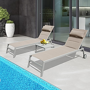 Domi Patio Chaise Lounge Set of 3, Aluminum Pool Lounge Chairs with Side Table and Wheels, Textilene Padded Adjustable Recliner All Weather for Patio Deck Poolside Beach Yard, Lawn, Khaki