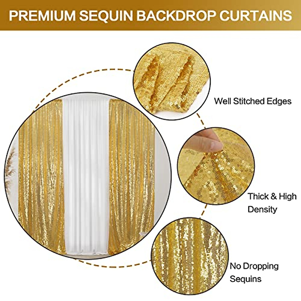 WENMER Gold Sequin Backdrop Curtain 4 Pcs 2 x 8FT Sequin Backdrops Shimmer Photo Backdrop Background Curtains Glitter Curtain Backdrop for Party Decoration Photo Studio