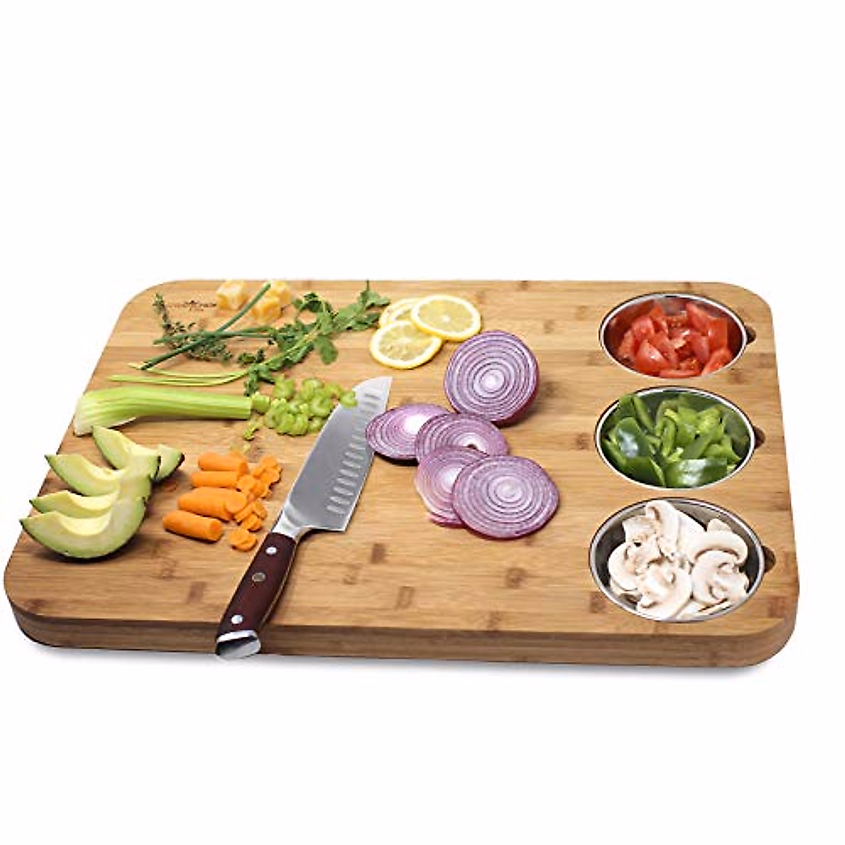 Versachop Trio, Extra Large 22 X 16 inch Cutting Boards for Kitchen, Butcher Block - Totally Natural Organic Moso Bamboo board with three Stainless Steel Bowls attached for easy chopping