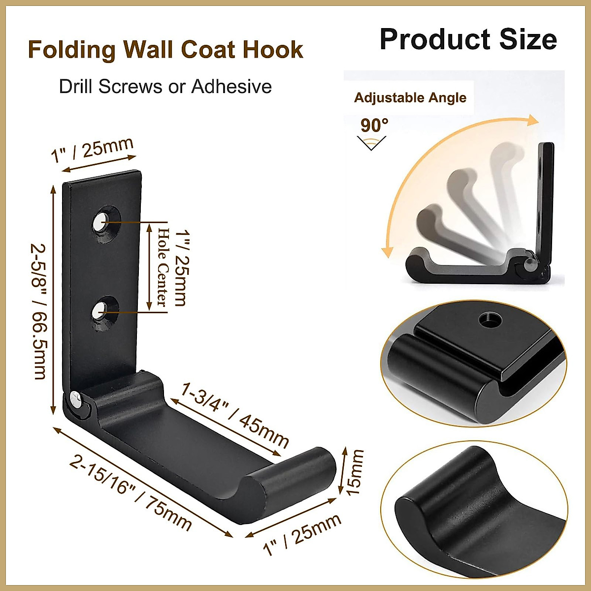 YEMCHI 2 Pack Folding Coat Hooks, Black Adhesive Wall Hooks for Hanging Towel Bag Backpack Purse Headphone Holder, Outdoor Aluminum Alloy Hardware Heavy Duty Hooks with Mounted Screws (Black)