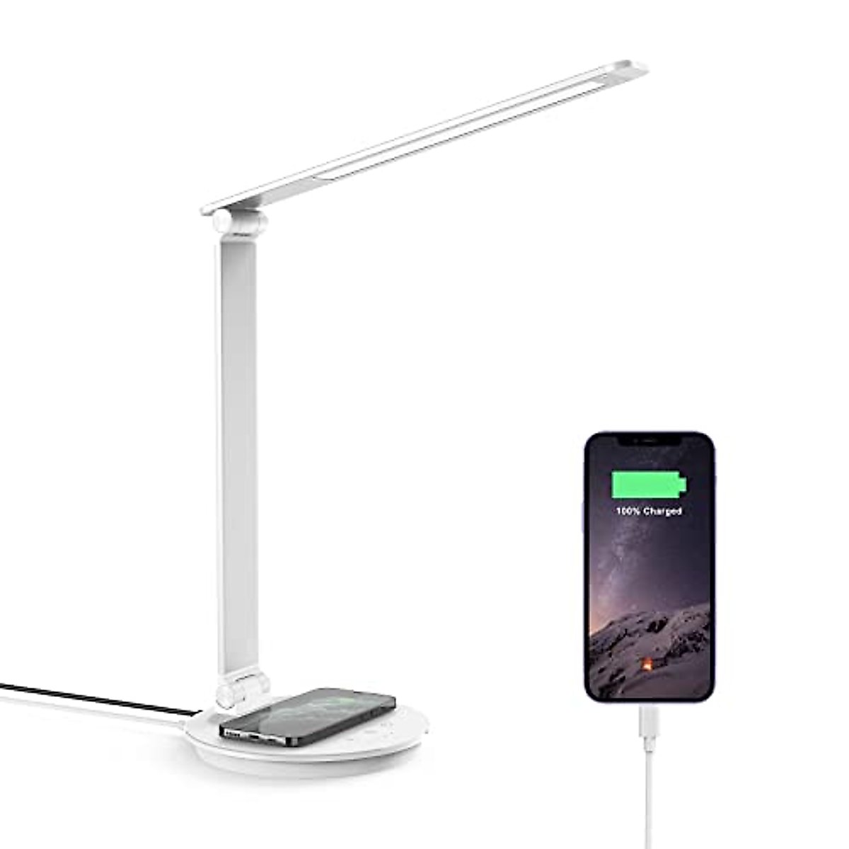 Vansuny LED Desk Lamp with Wireless Charger USB Charging Port Touch Control Dimmable Office Lamp 1h Timer 5 Color Modes 6 Brightness Levels Eye-Caring Table Lamp for Home Office Bedroom White