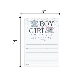 Elephant Gender Reveal Invitations with Envelopes (25 Pack) Invites for Baby Shower Party – Pink and Blue Theme Boy or Girl – Fill-In Details on Blank Card Set 5x7