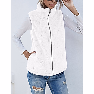 Women's Casual Sherpa Fleece Fuzzy Vest Jacket Sleeveless Zip Up Lined Stand Collar Lightweight Warm Waistcoat with Pockets White L